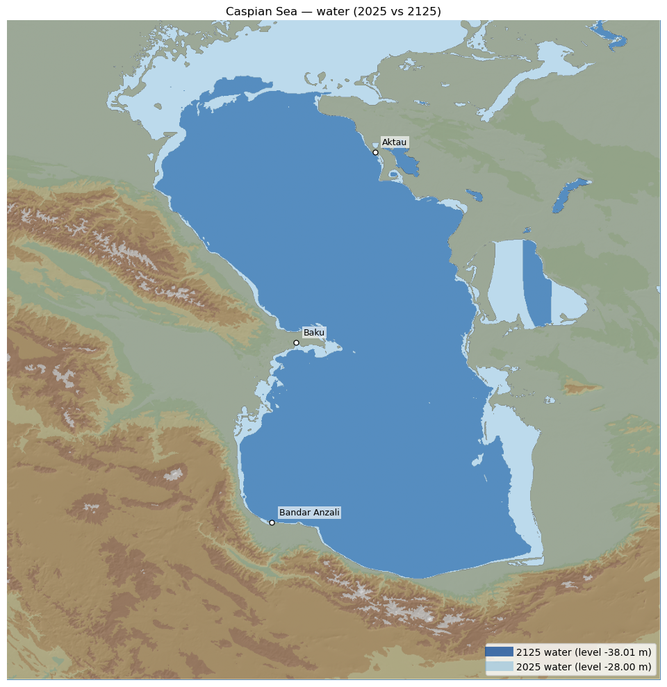 Caspian Sea 2025→2125: Retreating Shorelines | MUSA 30 Day Map Challenge