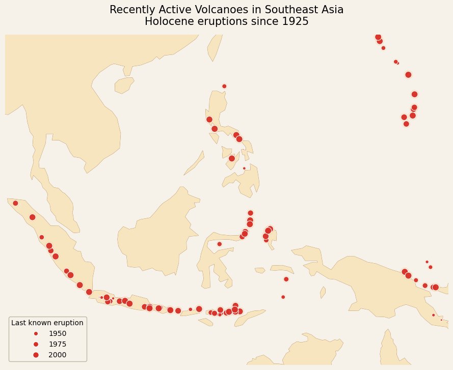 Southeast Asia — Recently Active Volcanoes | MUSA 30 Day Map Challenge